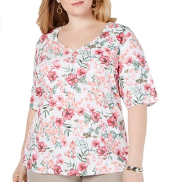 Karen Scott | Tops | Nwt Karen Scott Floral Metallic Vneck Elbow Tshirt ...